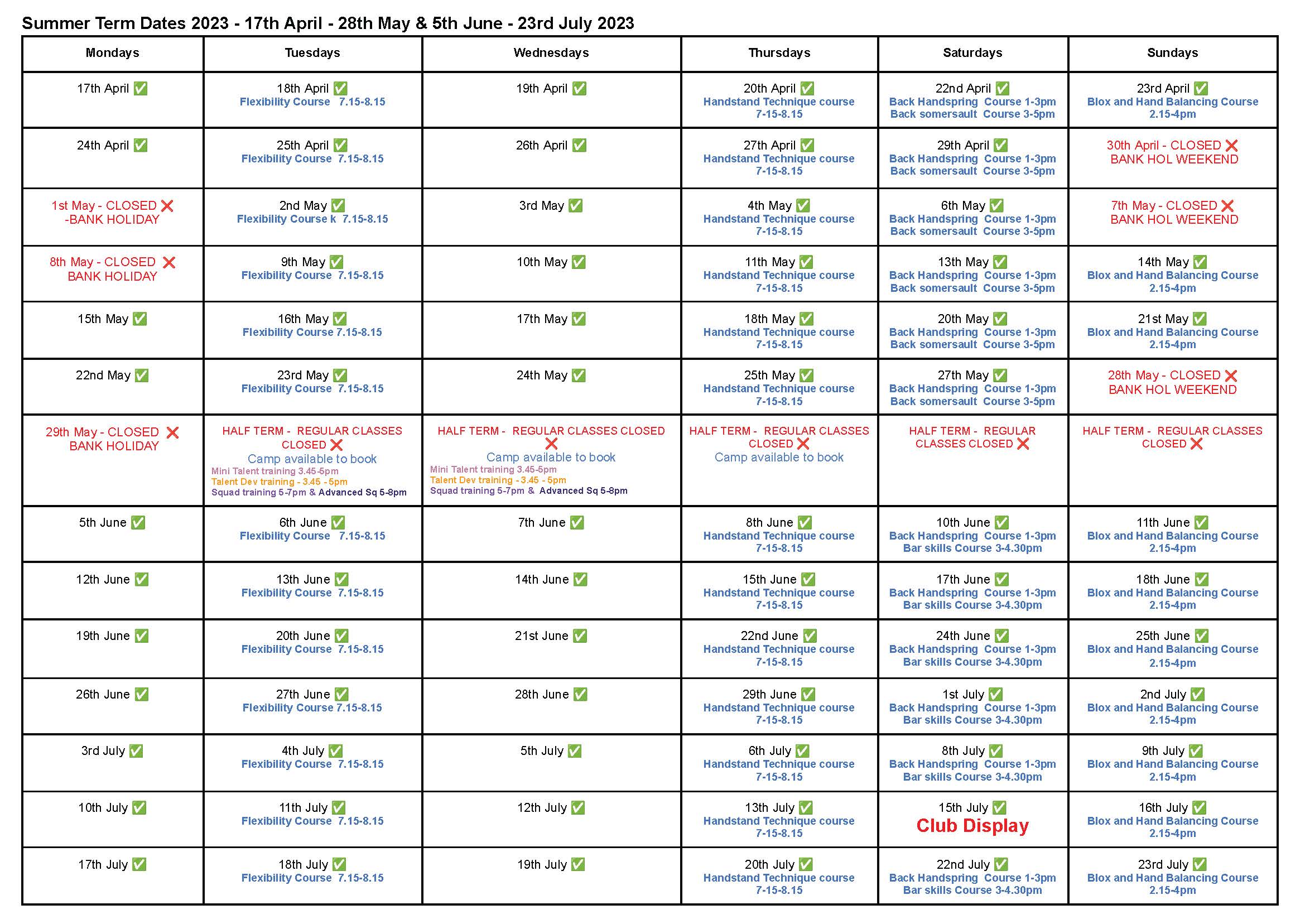 Term dates, Gymnastics for children in Oxfordshire